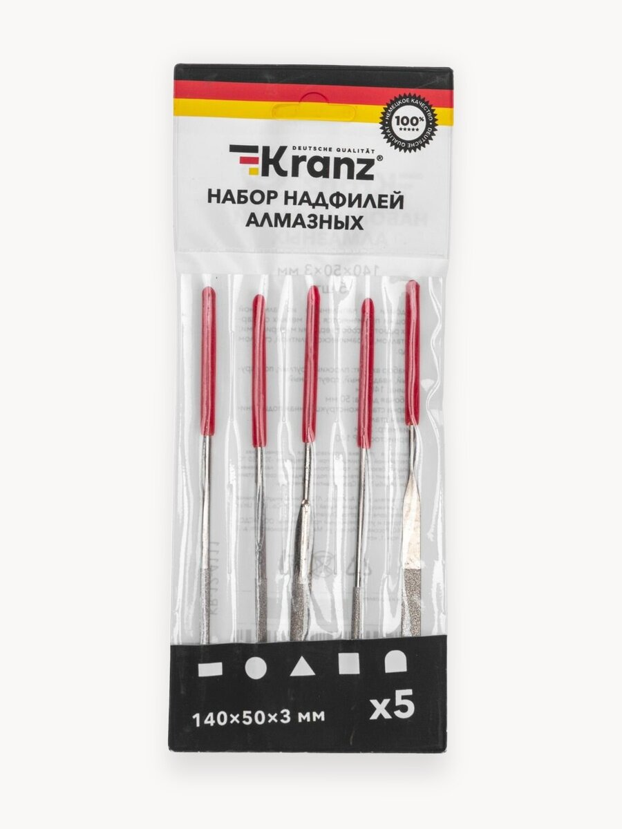 Набор надфилей KRANZ, алмазные, по металлу, 140x50x3 мм, 5шт