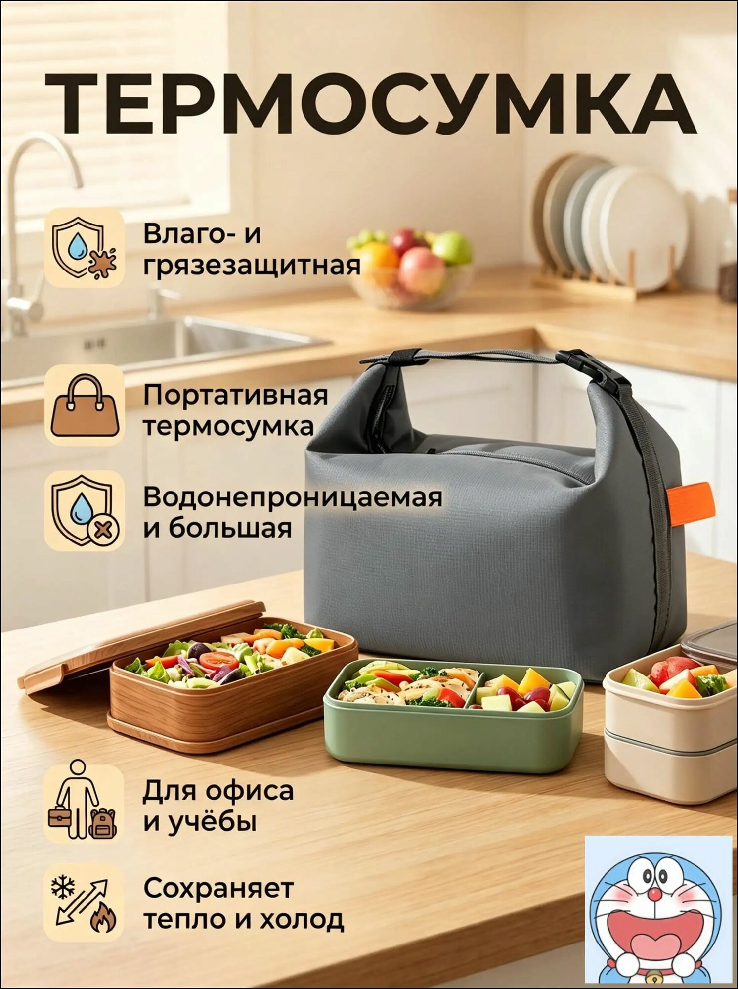 Термобак для ланч-бокса серый из оксфорда с жемчужным хлопком, объем 5.5 л, сохраняет тепло 4 часа