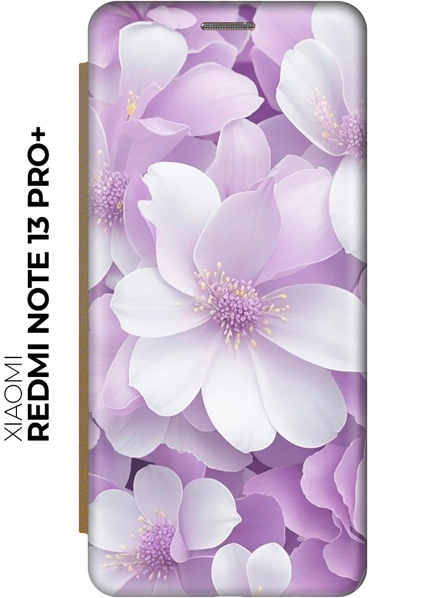 Чехол-книжка на Xiaomi Redmi Note 13 Pro + / Сяоми Редми Ноут 13 Про + с рисунком "Бело-фиолетовые цветы" золотой