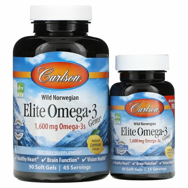 Carlson Labs, Elite Omega-3 Gems, Омега-3, 1600 мг, 120 капсул (90 + 30)
