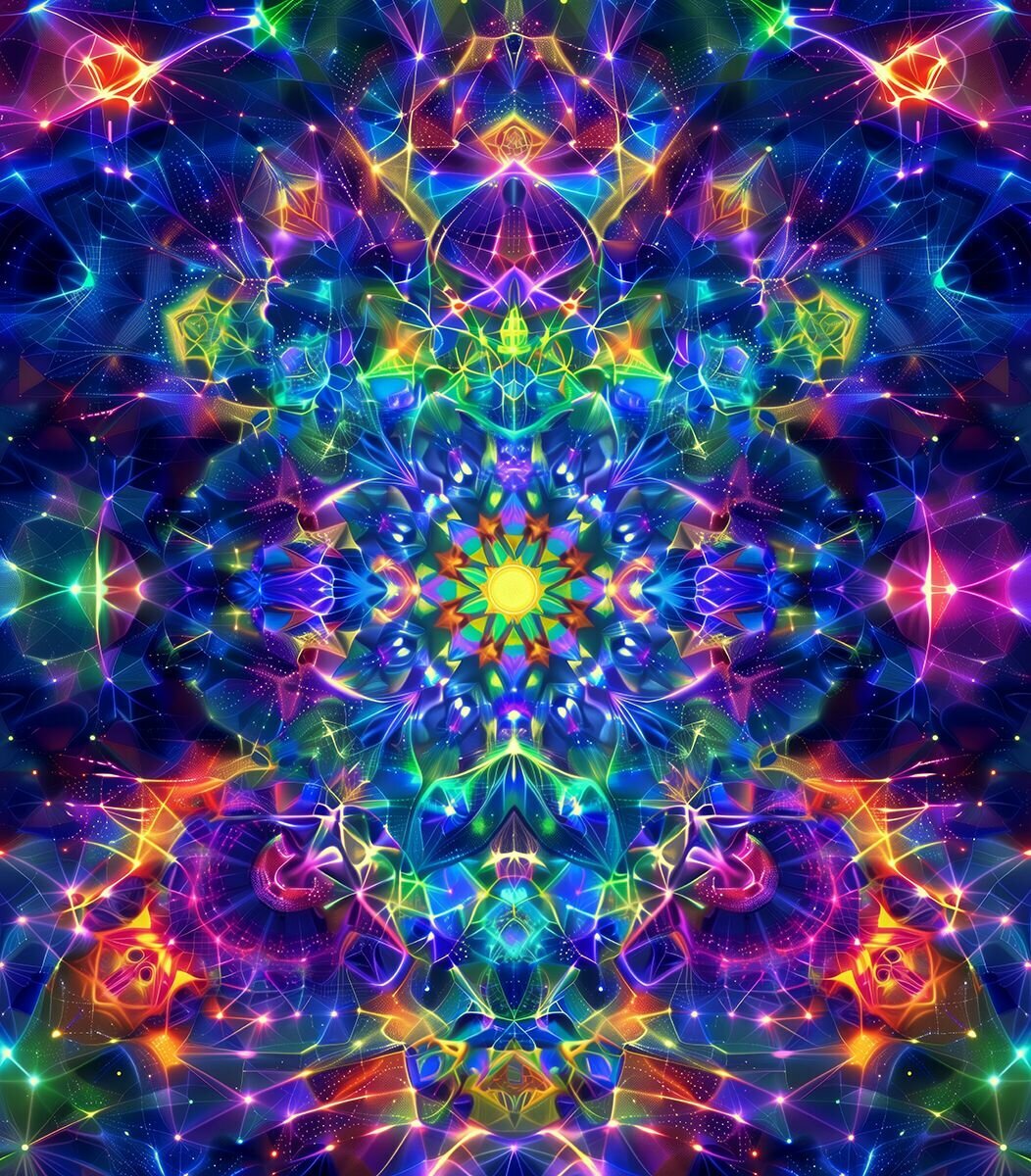 Флуоресцентная интерьерная картина на ткани с ярким рисунком Kaleidoscopic Spectrum - Арт панно, полотно на стену, светящийся в УФ ультрафиолете LED неоне гобелен, современный настенный декор