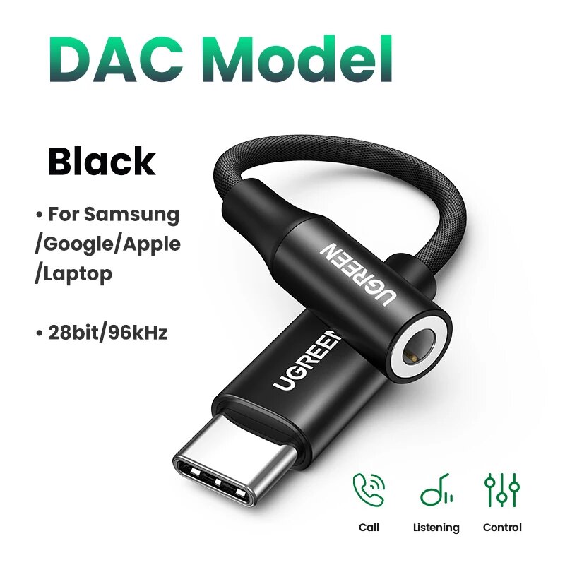 UGREEN USB Type-C к 3,5 мм аудио кабель DAC Model Black