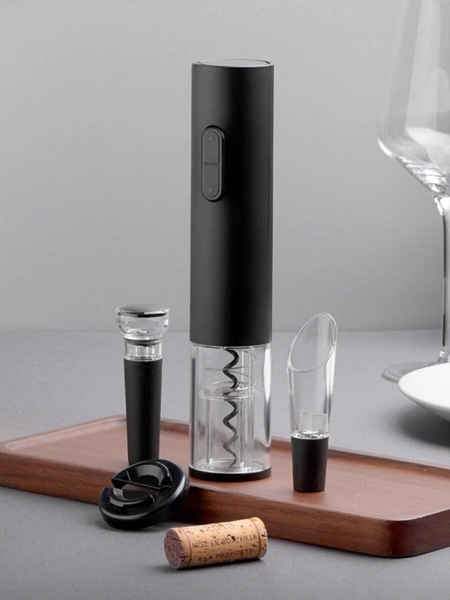 Штопор для вина, штопор электрический 4 в 1 с аэратором, ножом и пробкой черный