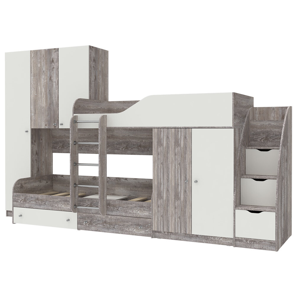 Двухъярусная кровать Лео с лестницей комодом Бетон Белый