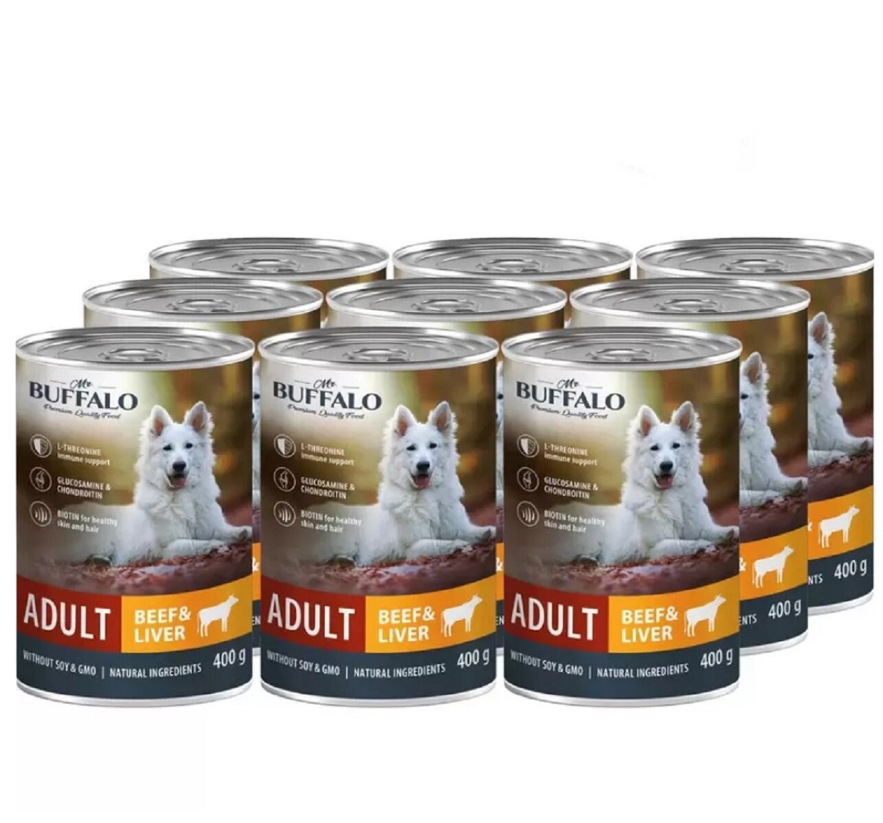 Mr.Buffalo ADULT влажный консервированный корм для собак Говядина и печень 400г(9 штук)