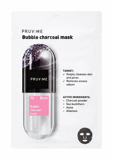 Pruv: Me Bubble Charcoal Mask, Пузырьковая очищающая тканевая маска для лица с углем, 20гр