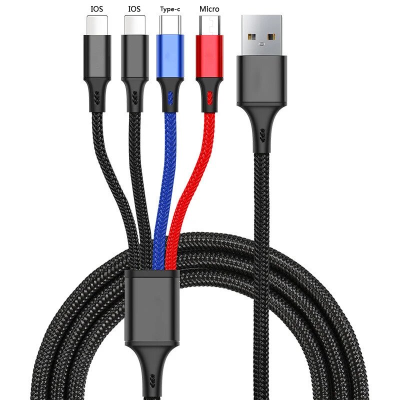 4 в 1 USB кабель для iPhone Android Type-C Micro iOS, черный
