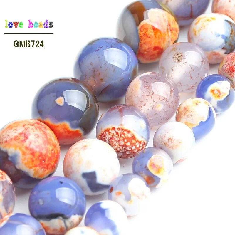 Каменные бусины GMB724 Агаты синие огненные круглые 6-10 мм 8mm 46pcs beads