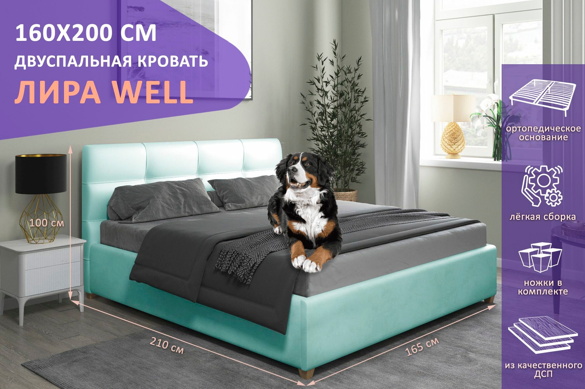 Двуспальная кровать Лира WELL 160х200 см, с ортопедическим подъемным механизмом, с ножками, цвет бголубой