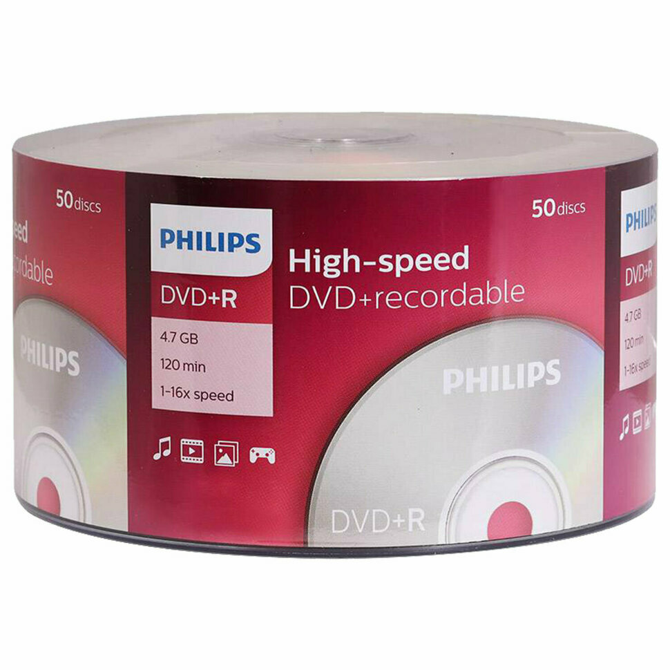 Диски DVD+R (плюс) PHILIPS, 4,7 Гб, 16x, Bulk (термоусадка без шпиля), комплект 50 шт, DR4S6U50F/97, 514202