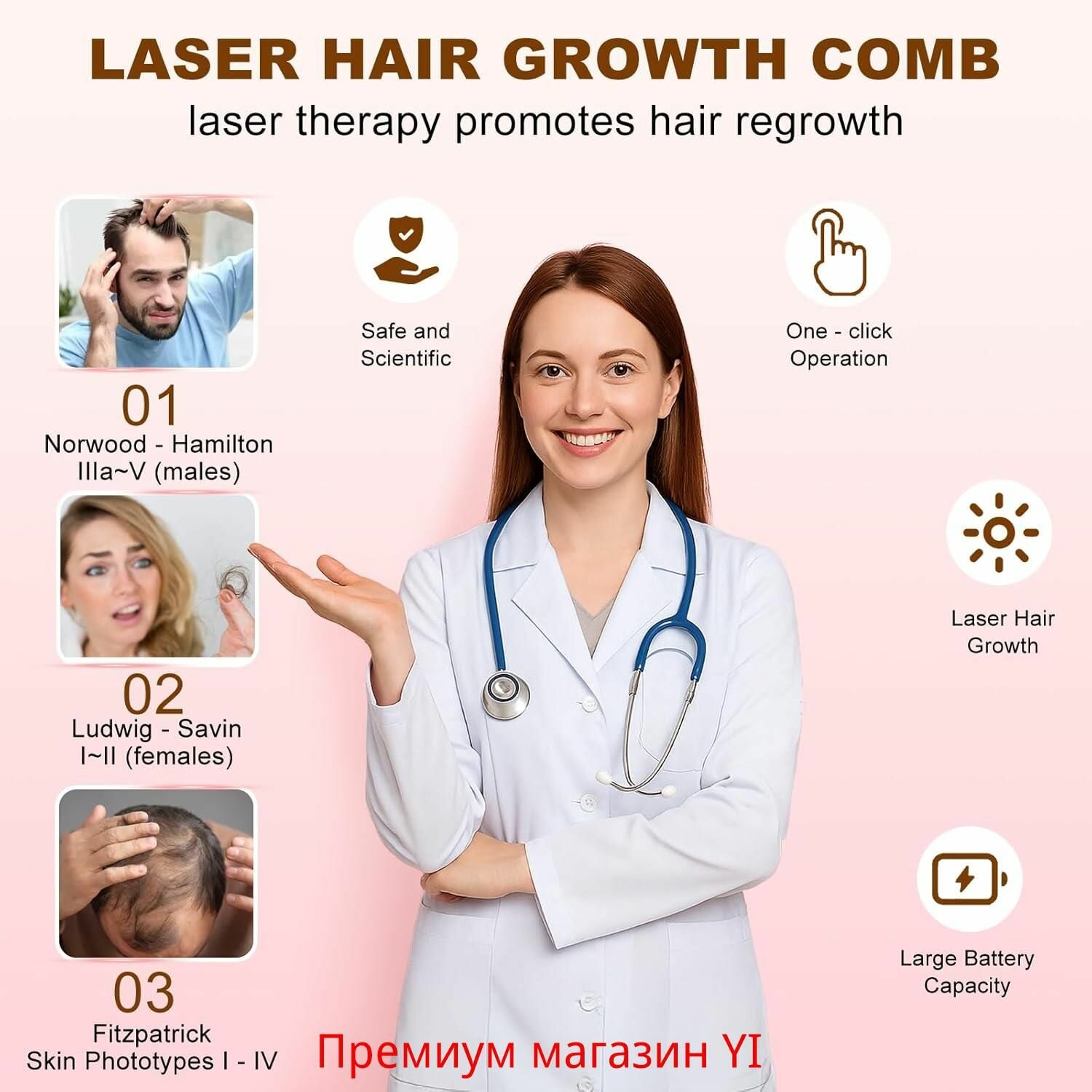 DINGXIAN Портативная лазерная расческа для ухода за волосами: прибор для неинвазивной терапии с подтвержденным эффектом улучшения густоты