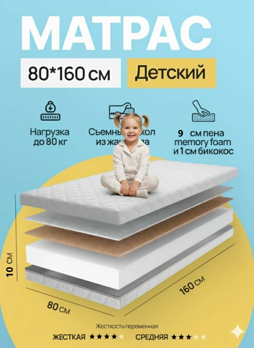Матрас детский 160х80 высота 10 см, беспружинный, односпальный, ППУ+Кокос