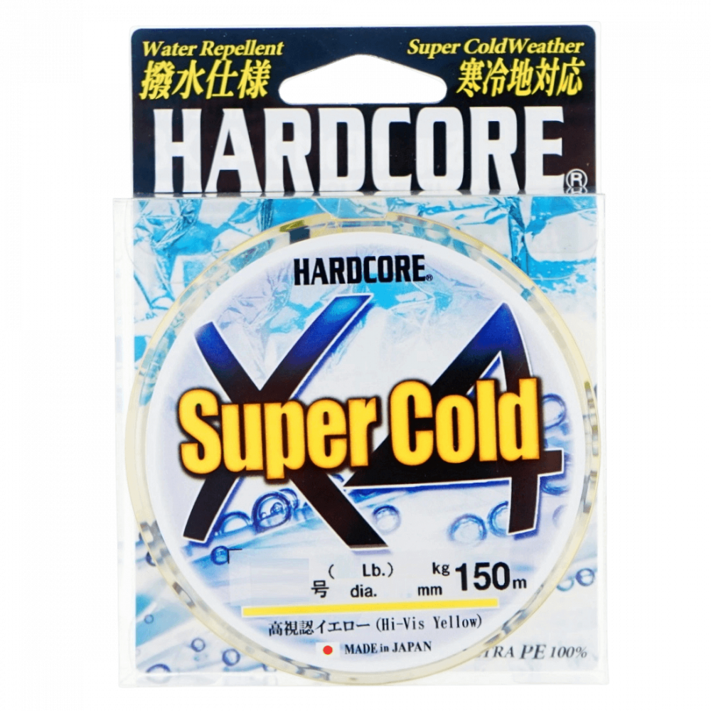 Плетеный шнур Duel Hardcore Super Cold X4 150m Hi-Vis Yellow - разрывная нагрузка 6.4 кг, диаметр #0.8 0.15 мм.