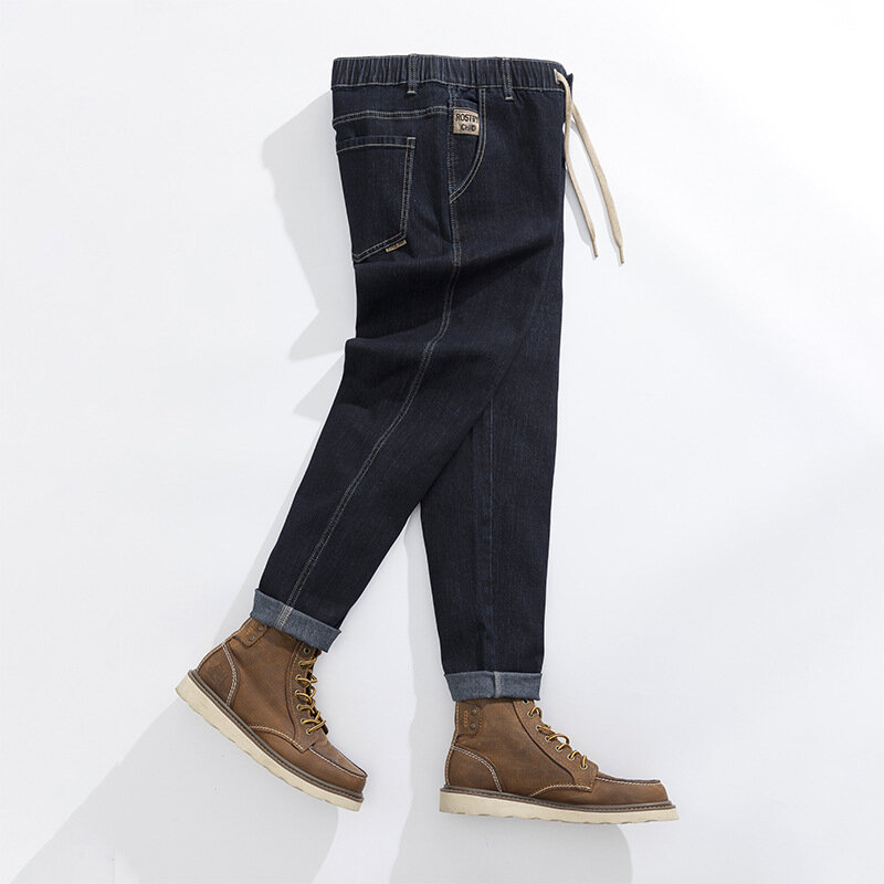 MON Чистый цвет Тренд. эластич. пояс джинсы муж. нов. сплош. цвет прямой нога плус толст. плус размер джинсы муж. повседн. одеждаВоенно-морской Синий/L, Размер_L