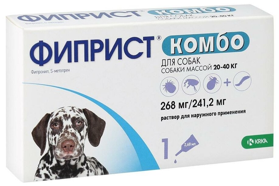 KRKA раствор от блох и клещей Фиприст Комбо для собак, щенков, кошек, от 20 до 40 кг 1 шт. в уп, 1 уп.