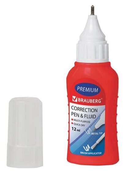 Ручка-корректор + корректирующая жидкость Brauberg , 12 мл, 2 в 1: металлический наконечник + кисточка, 225217