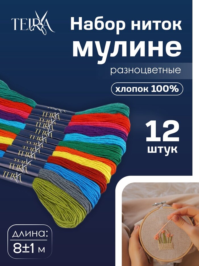 Нитки мулине TEIRA, 8±1 м, набор 12 шт, хлопок, разноцветные, 2 шт.