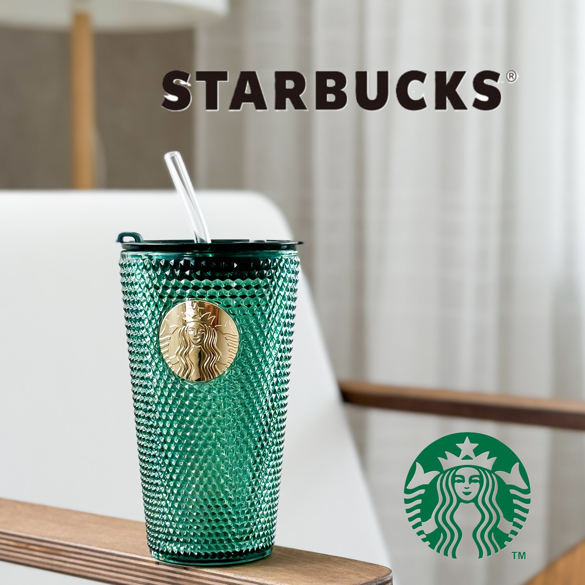 Стакан стеклянный STARBUCKS limited edition зеленый 600мл с трубочкой и крышкой