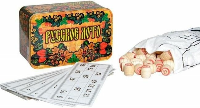 Классическая настольная игра "Русское Лото", в наборе деревянные бочонки, мешочек и карточки, в железной коробке