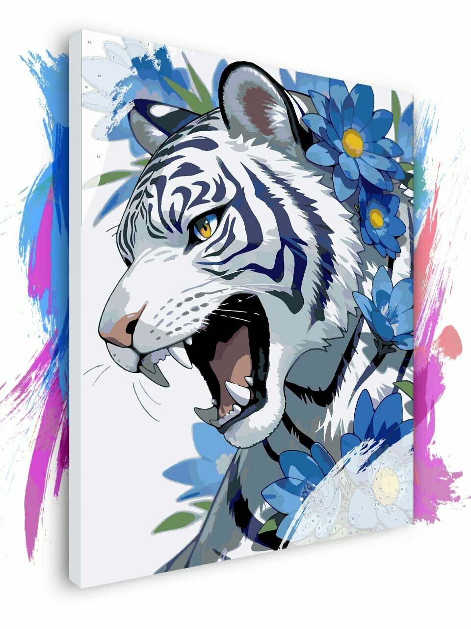Картина по номерам на холсте Белый тигр в синих цветах, 30 х 40 см