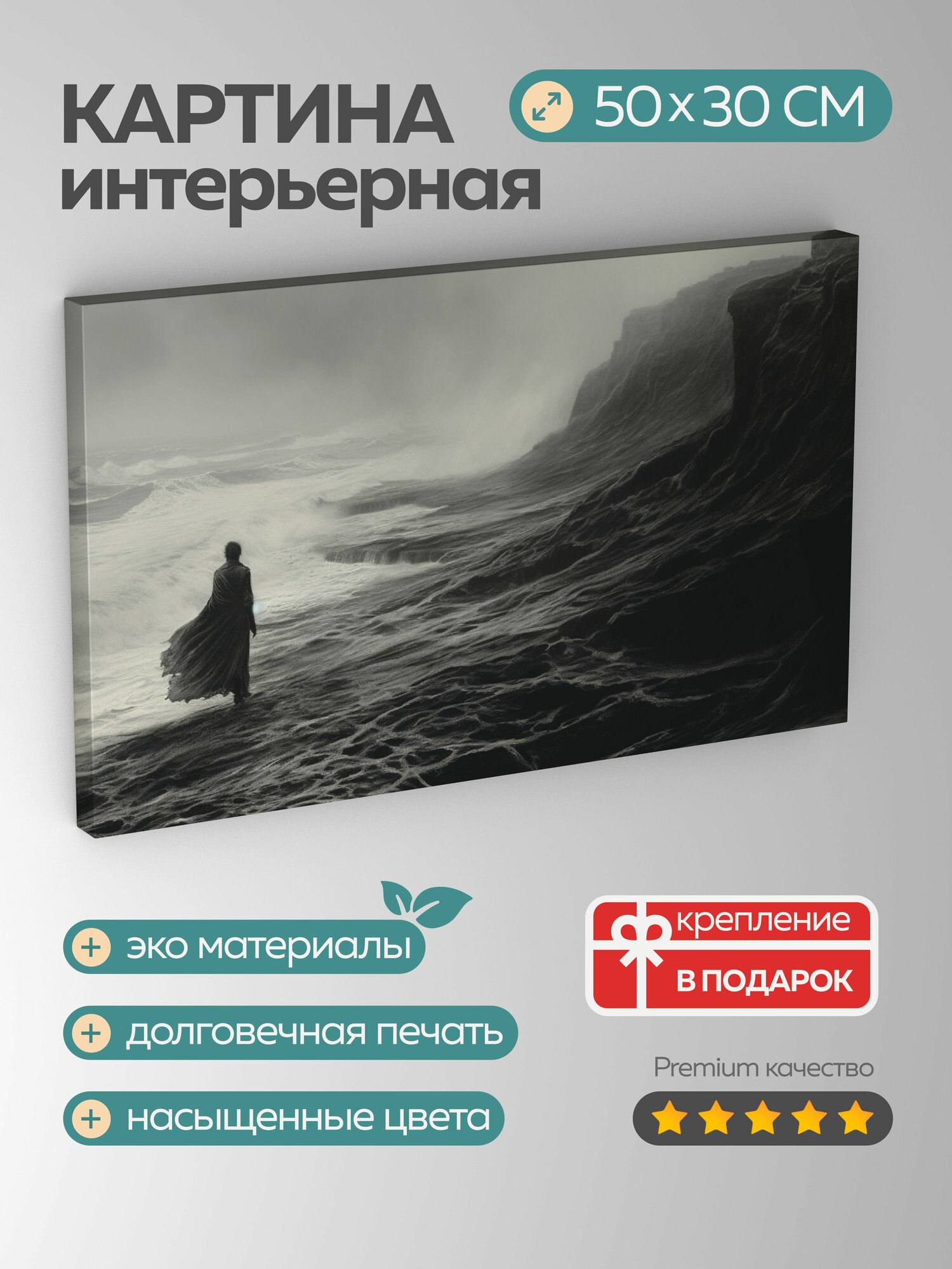 Картина на холсте интерьерная 50х30 см, черно-белая фотография, одинокая фигура, обрыв, океан, плащи, ветер, тени