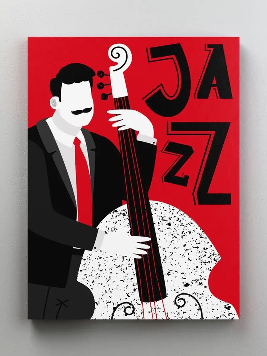 Интерьерная картина на холсте "Винтажный постер - контрабас и джаз" размер 30x40 см