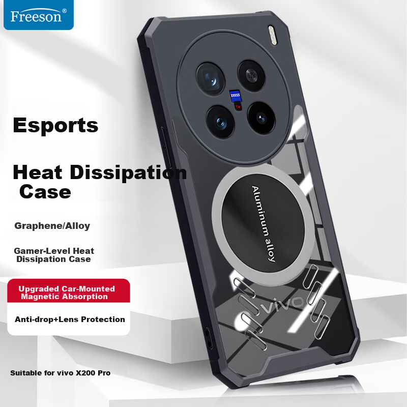 Freeson Heat Dissipation Phone Case for vivo X200 Pro, Protective Cover with Lens Protection, Full Coverage, Anti-drop, Four-corner Collision Protection, Simple and Transparent, Metal Magnetic Adsorpt