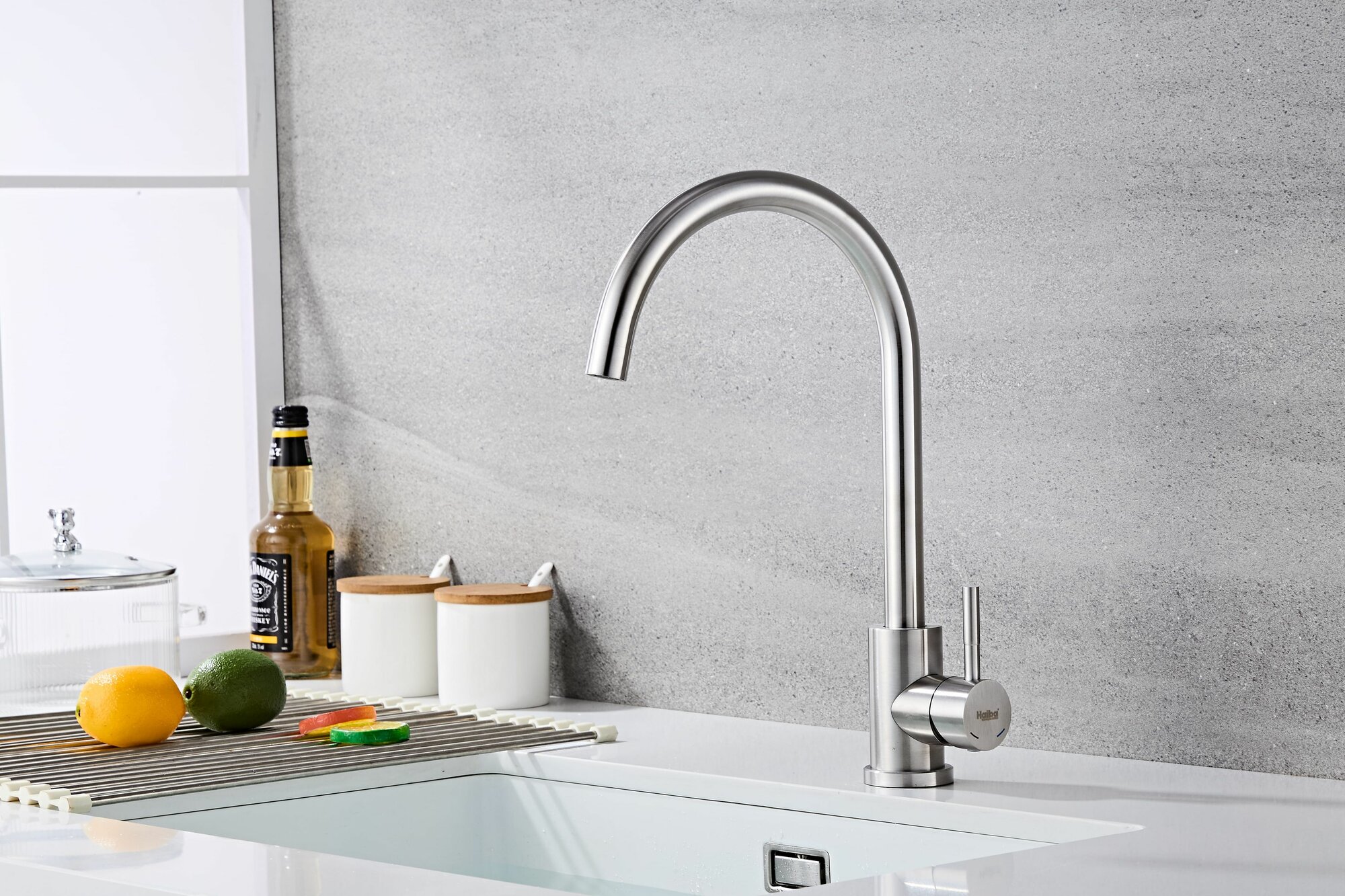 Смеситель для кухни высокий сатиновый, кран из нержавеющей стали на мойку Haiba HB71304-3