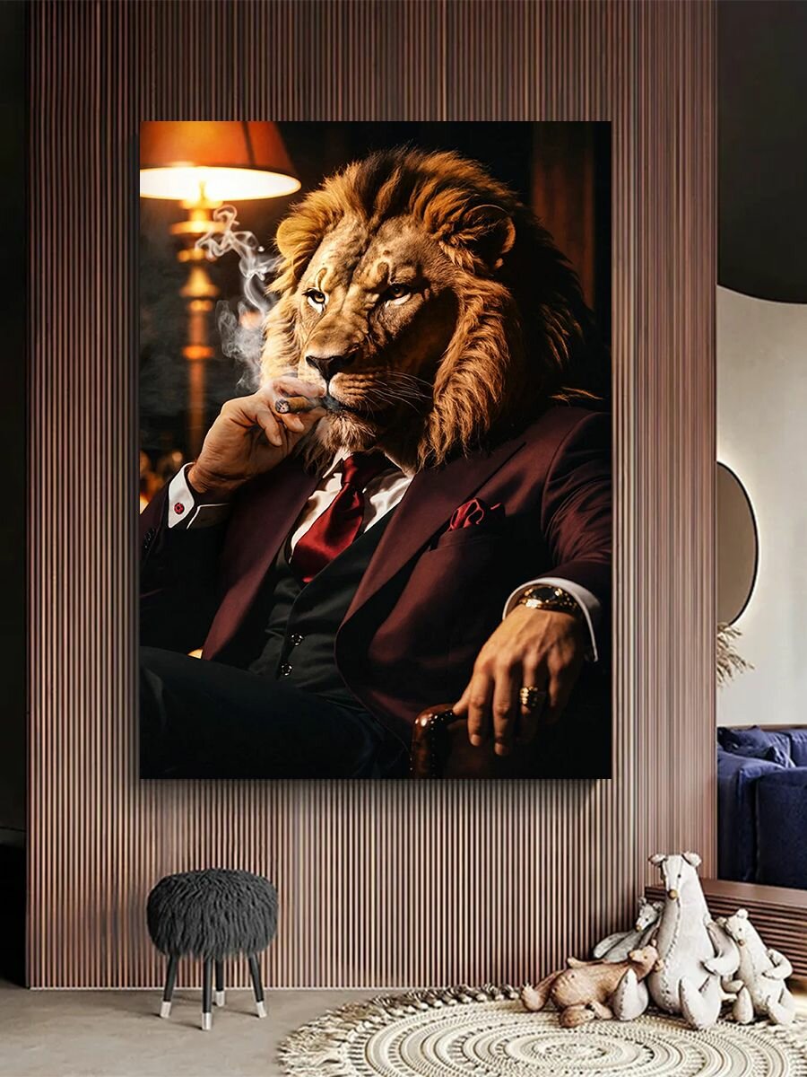 Картина на стену для интерьера - "Брутальные животные, лев в костюме, в офис" , 20х30 см.