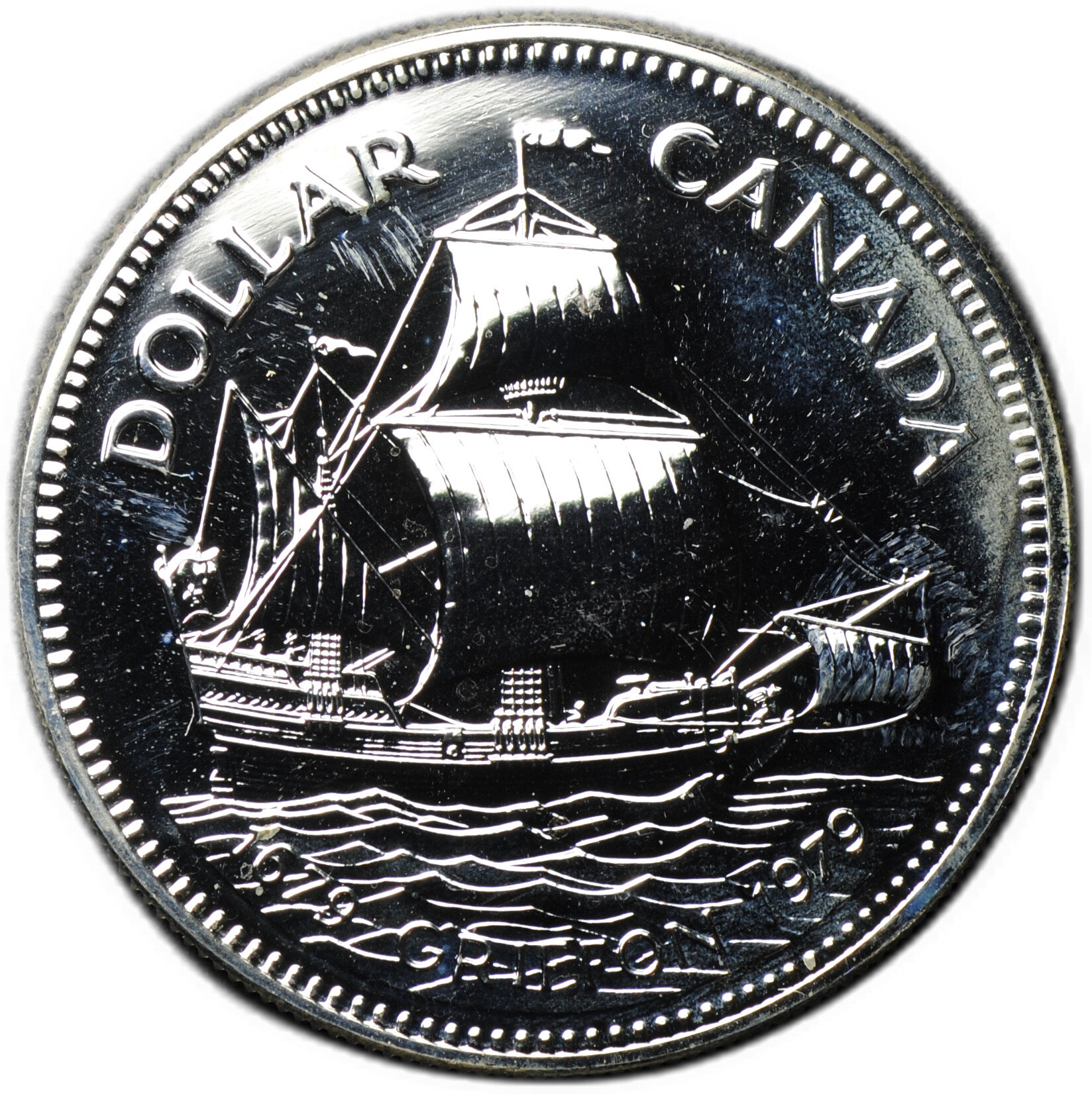 Монета 1 доллар 1979 300 лет кораблю Грифон Канада (футляр)