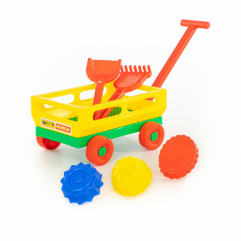 Тележка Полесье 45690, с лопаткой №30, граблями №30 и формочками "Пирожными" №3, 4 колеса