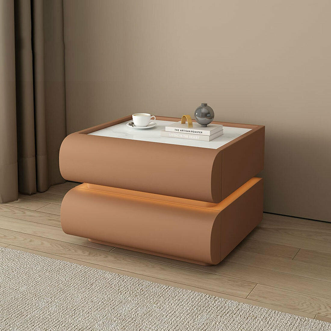 Прикроватная кожаная тумба с керамической столешницей Mulege 45 см (оранжевый)