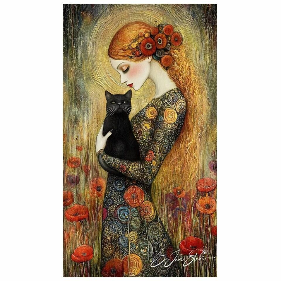 Алмазная картина "Женщина с кошкой" алмазная огранка 40х60 см,40X60CM, белый