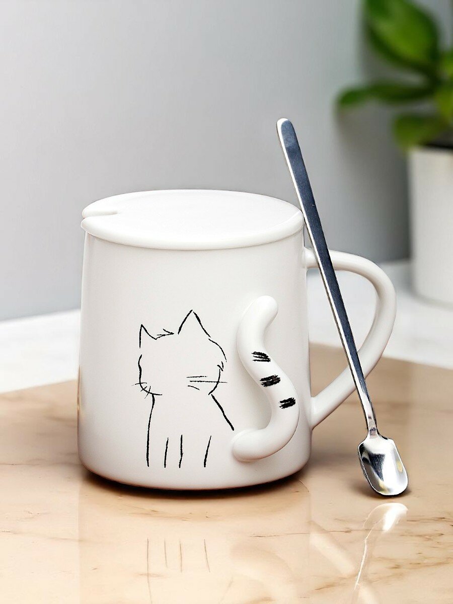 Кружка для чая Кот полосатый хвост 300 мл Эврика (N 1), чашка белая с крышкой, ложкой детская, женская, подарочная