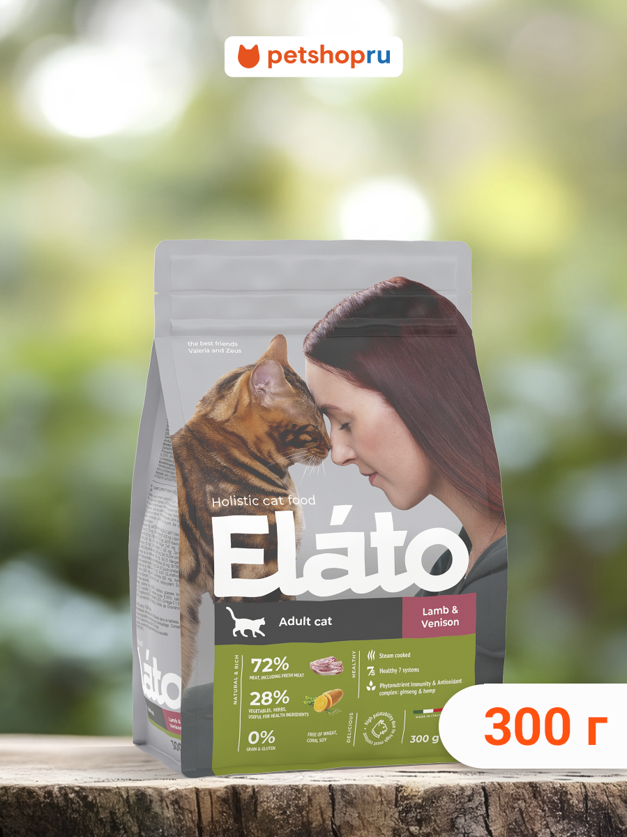 Elato Сухой корм для взрослых кошек с ягненком и олениной, 300г