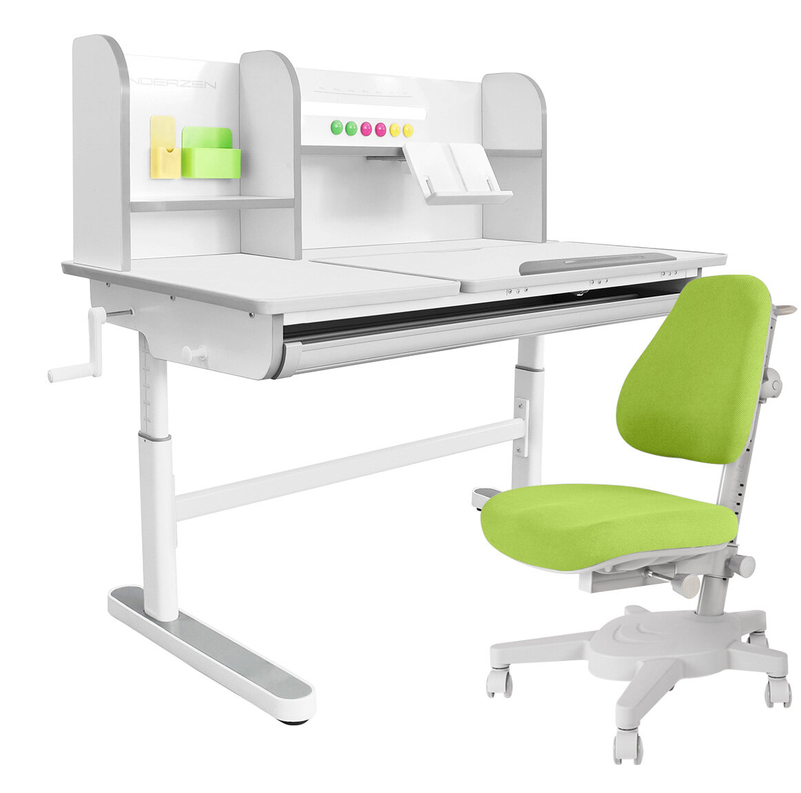 Комплект Kinderzen Gaudi Plus парта + кресло белый/серый/c зеленым креслом Anatomica Armata
