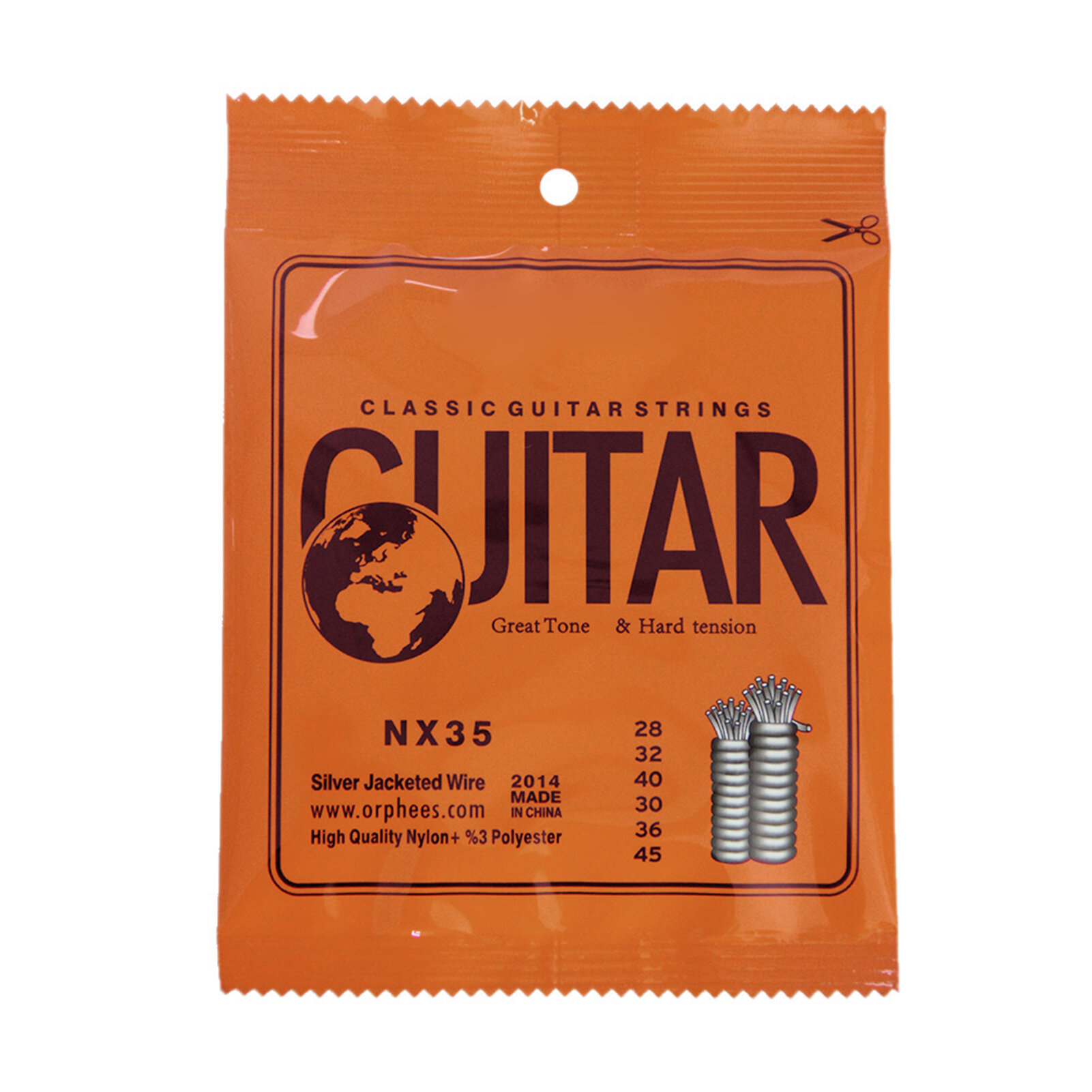 Комплект из 6 нейлоновых струн для классической гитары Orphee NX35 (.028-.045), сердечник из серебряной оболочки, жесткое натяжение.