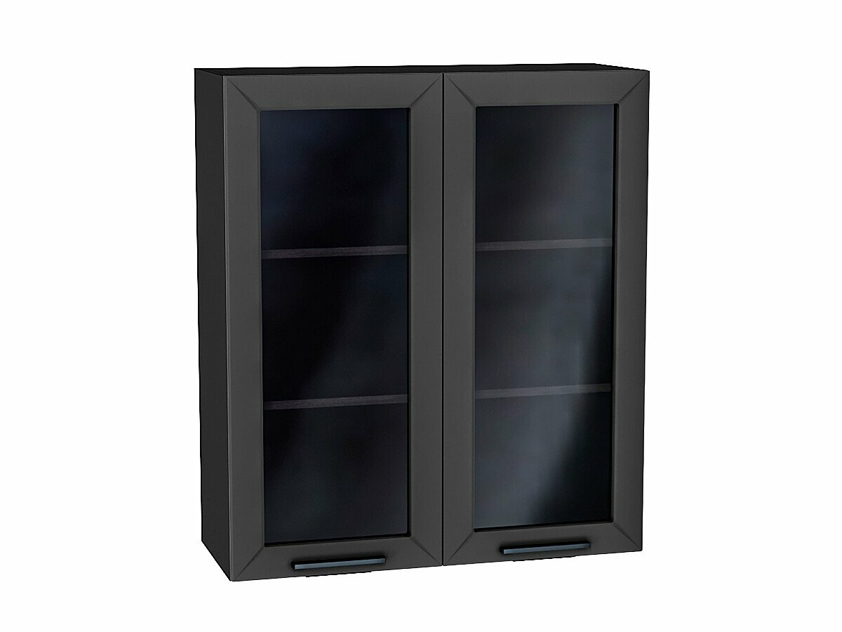 Шкаф верхний с 2-мя остекленными дверцами Глетчер, цвет фасада Маренго Силк, цвет каркаса Graphite, стекло Lacobel «Black», 920*800*318 мм