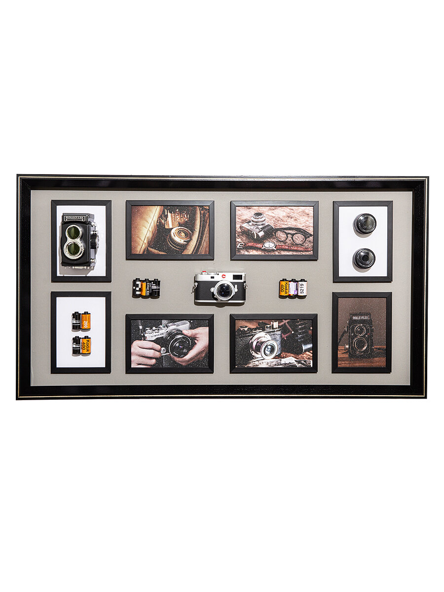 Панно на стену ручной работы "Camera Vintage Collage" для эксклюзивного дизайна интерьера 110х60 см