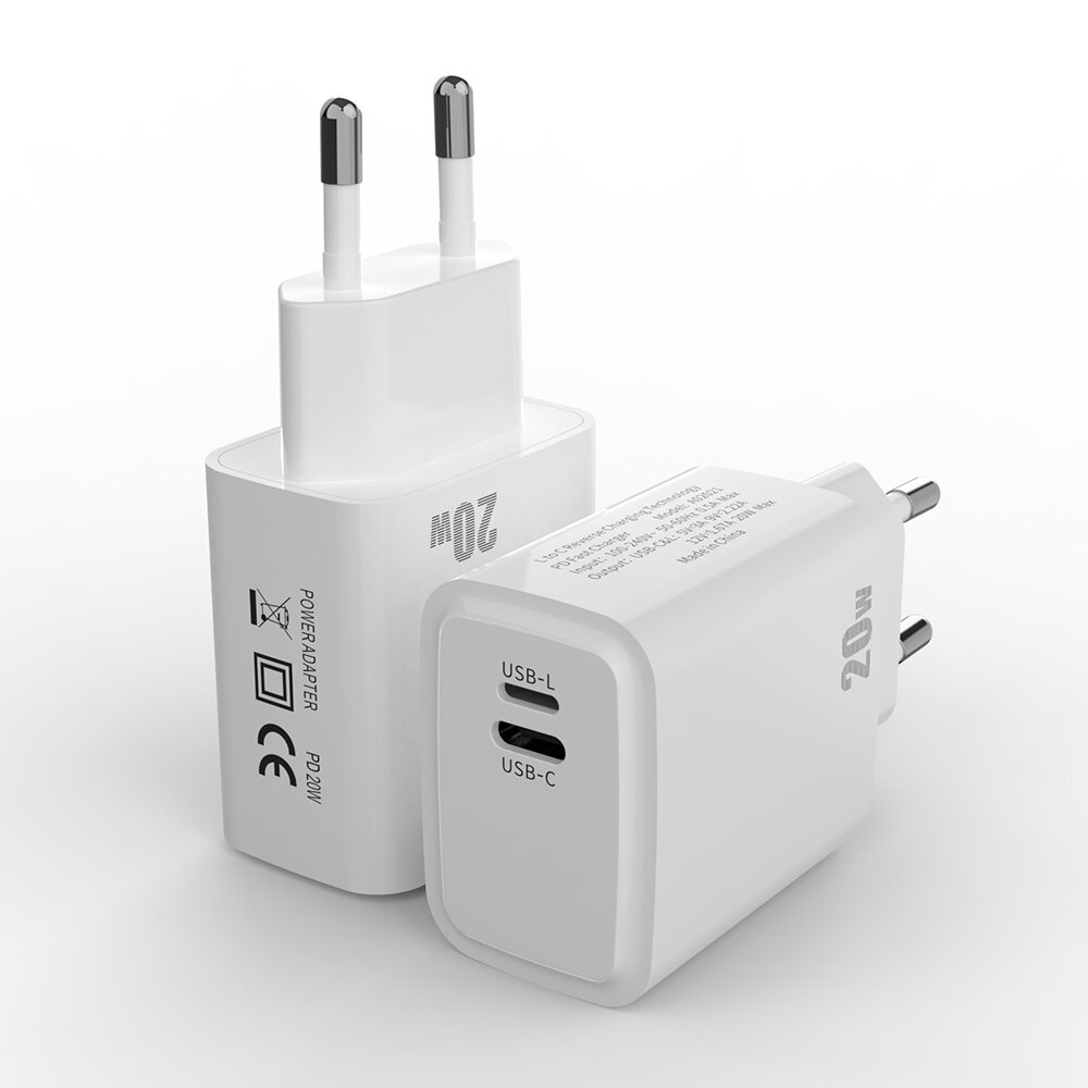Зарядное устройство быстрого заряда PD20W , EU/US/UK стандарт, белый, мощность PD 20W, материал PC, разъемы USB C+L, входное напряжение AC110-220V 50/60Hz 0.5A Max, сертификаты CCC/ETL/CE/ROHS/FCC, выход L/C DC 5V3A 9V/2.22A 12V1.67A, размер упаковки