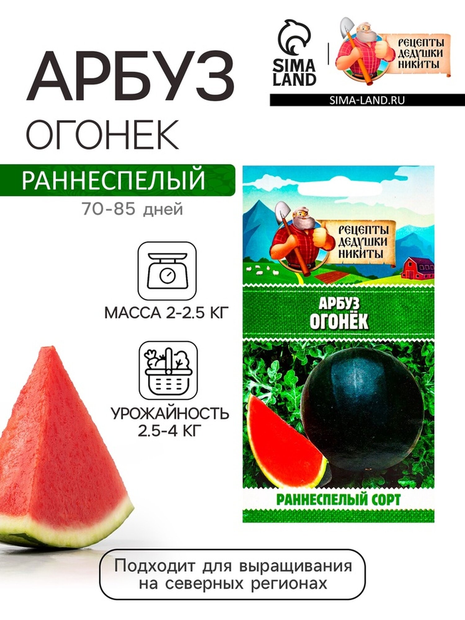 Семена арбуза Рецепты дедушки Никиты "Огонек", скороспелость, устойчивость к болезням, 0,5г