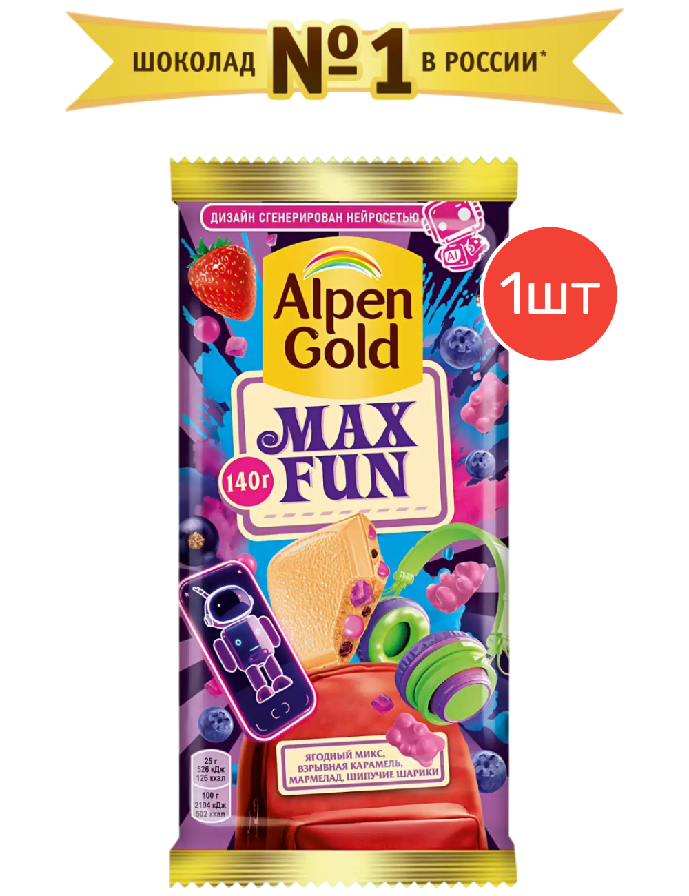 Шоколад белый Alpen Gold MAX FUN ягодный микс с мармеладом, взрывной карамелью, шипучими рисовыми шариками, 140г