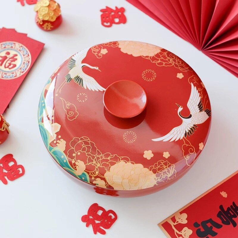 Китайский стиль красная вращающаяся коробка для сухофруктов, домашняя высококачественная тарелка для фруктов на новогодний подарок, разделенная тарелка для семян дыни в гостиной