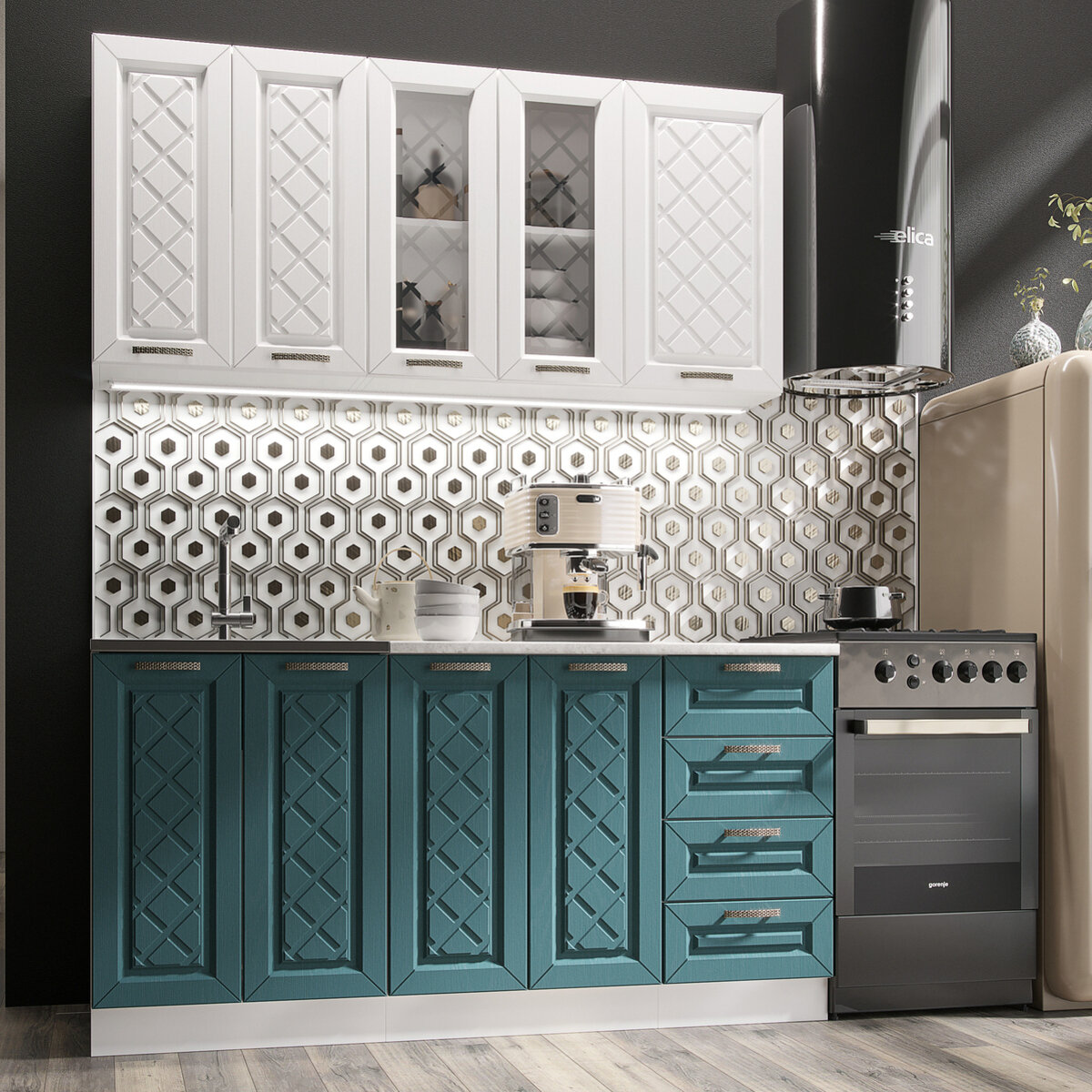 Кухонный гарнитур, кухня, готовый комплект Агава 1,5 м Акация белая/Моренга