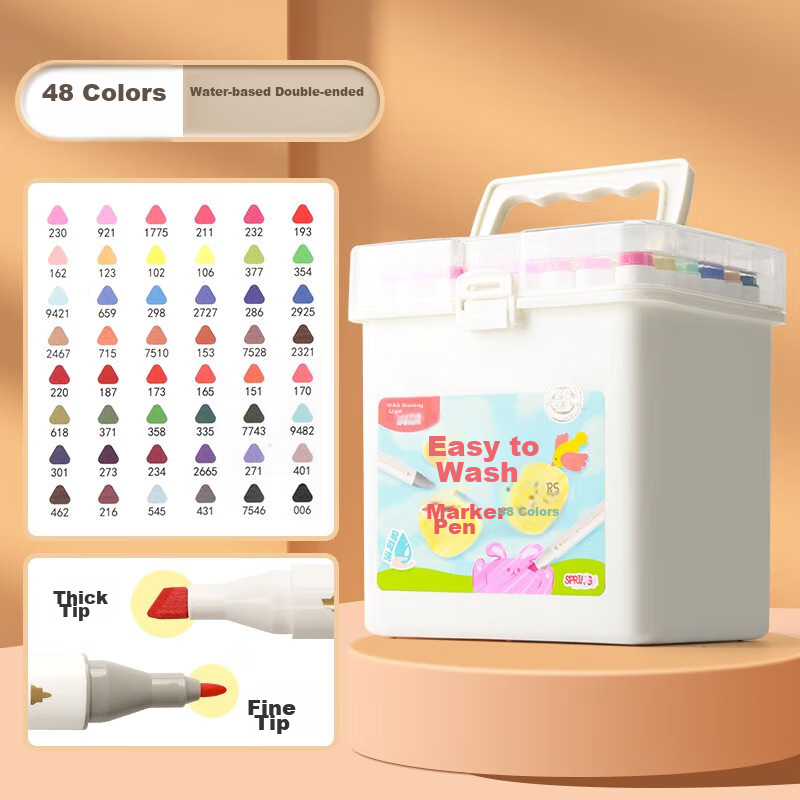 Chenguang (M&G) 48-Color Dual-Tip Markers, Easy to Wash, Triangular Grip, Water-Based Watercolor Pens, for Drawing, Hand-Drawing, And Graffiti, Single Box, APMV0974