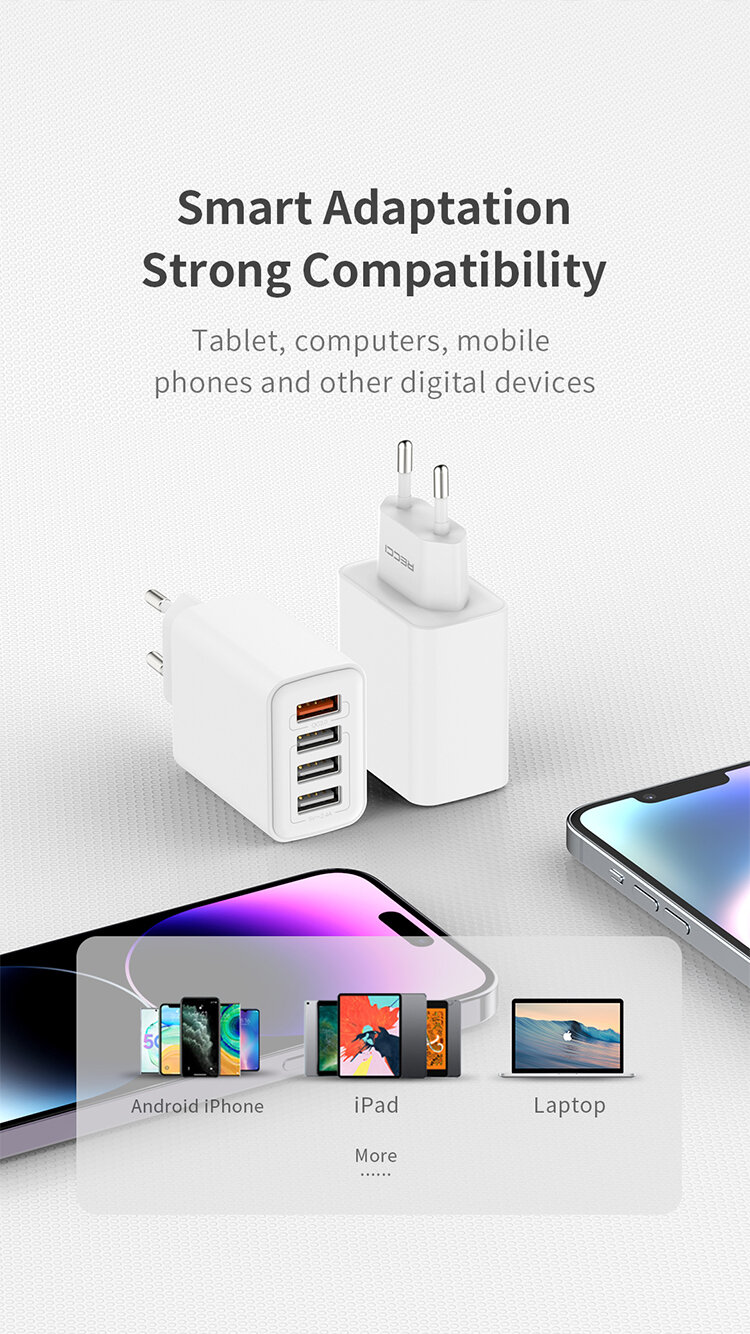 Зарядное устройство Recci Travel RC57E Qualcomm QC3.0, 4USB, 30W + Кабель USB to micro USB 2 m, Белый
