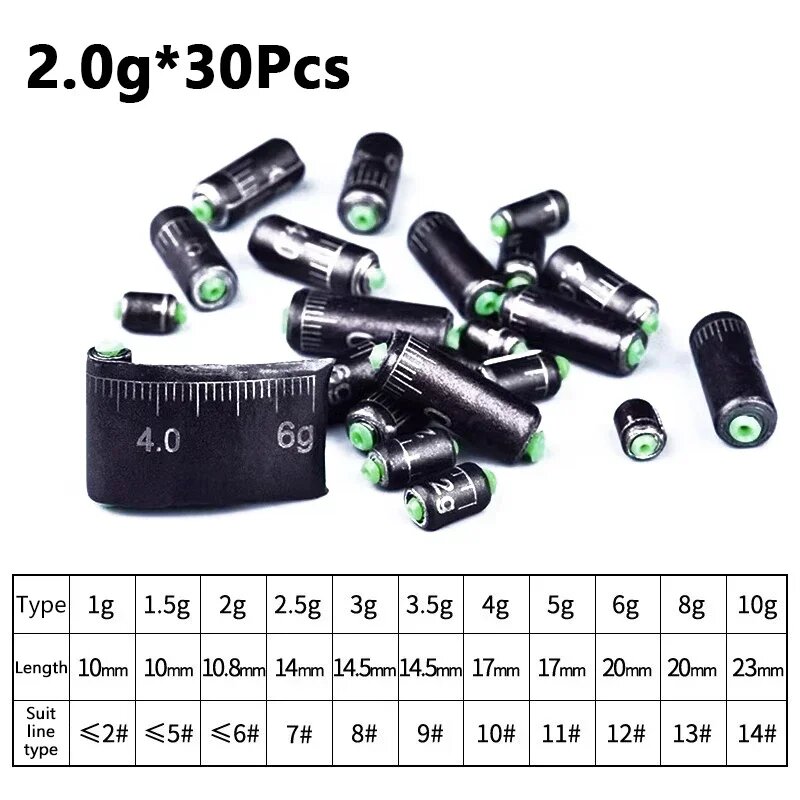30 шт, черные свинцовые грузила для рыбалки, 1-10 г 2.0g-30Pcs