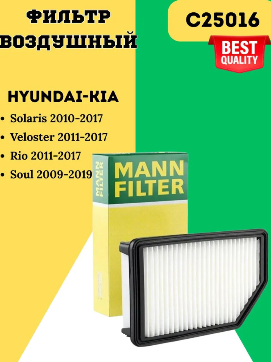 Фильтр воздушный Hyundai Хендай Accent Акцент Solaris Солярис Veloster Kia Киа Rio Рио Soul Соул C25016 281131R100