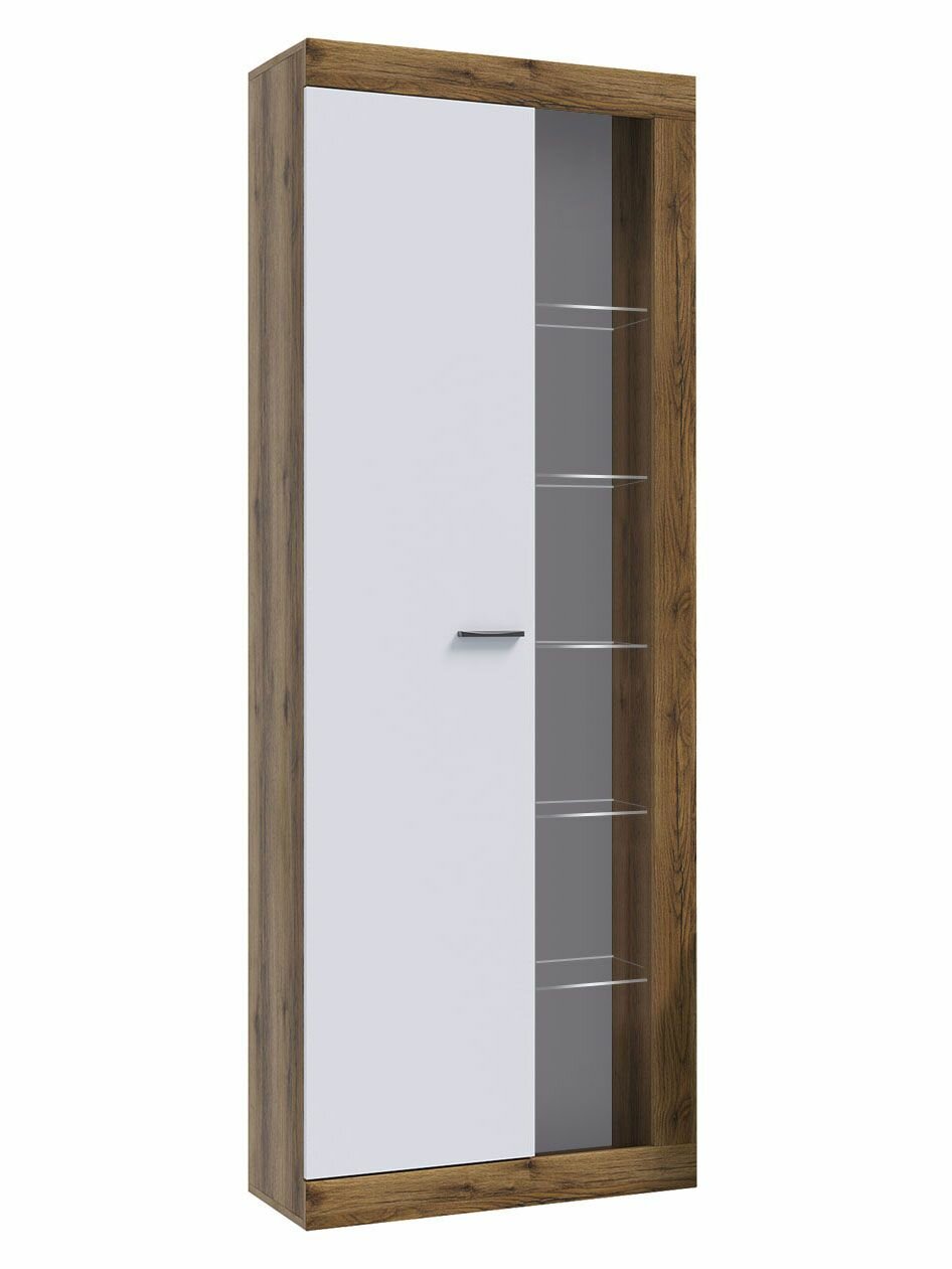 Шкаф-витрина Прага Макси 1 дверь, с полками, 66.6х37.6х194 см, Дуб Делано / Белый гладкий Без подсветки