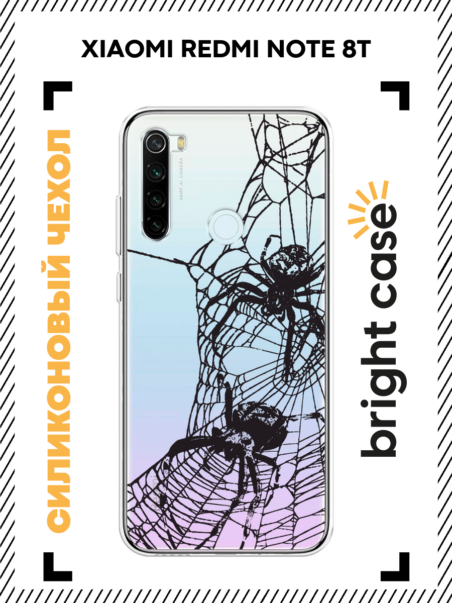 Чехол на Xiaomi Redmi Note 8T / Сяоми Редми Нот 8T с принтом Черные пауки, прозрачный